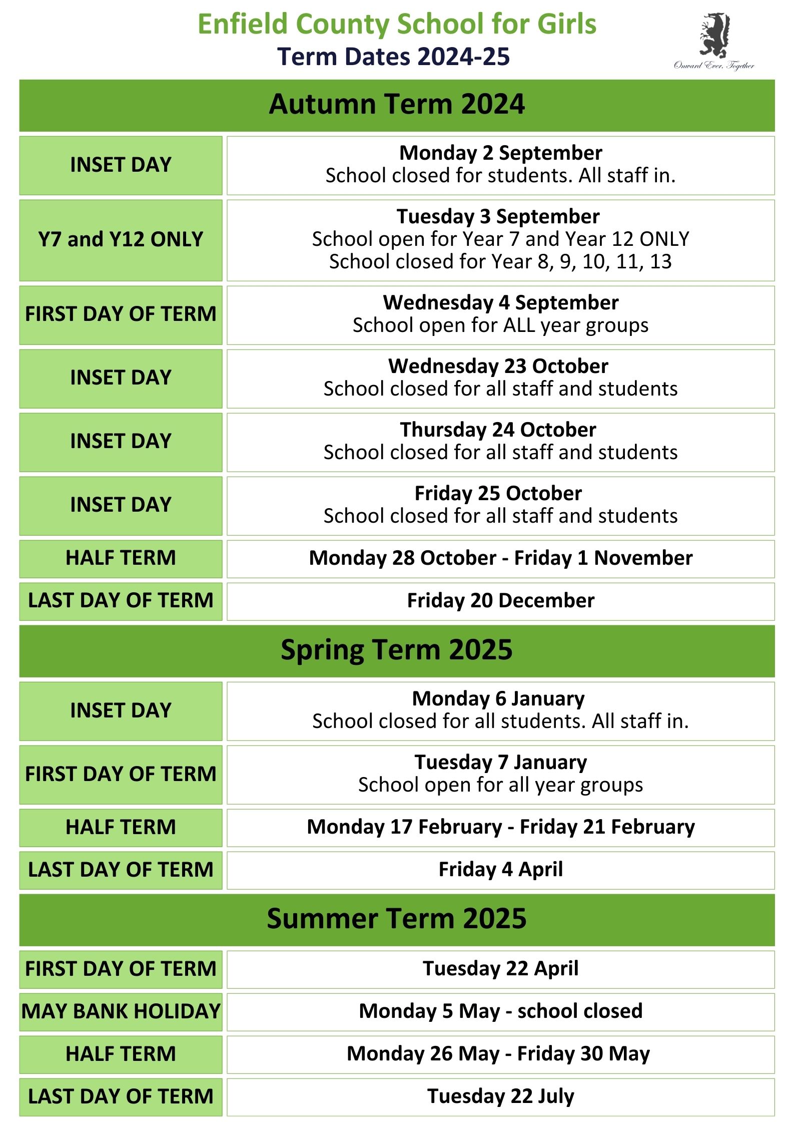Enfield County School for Girls - Term Dates